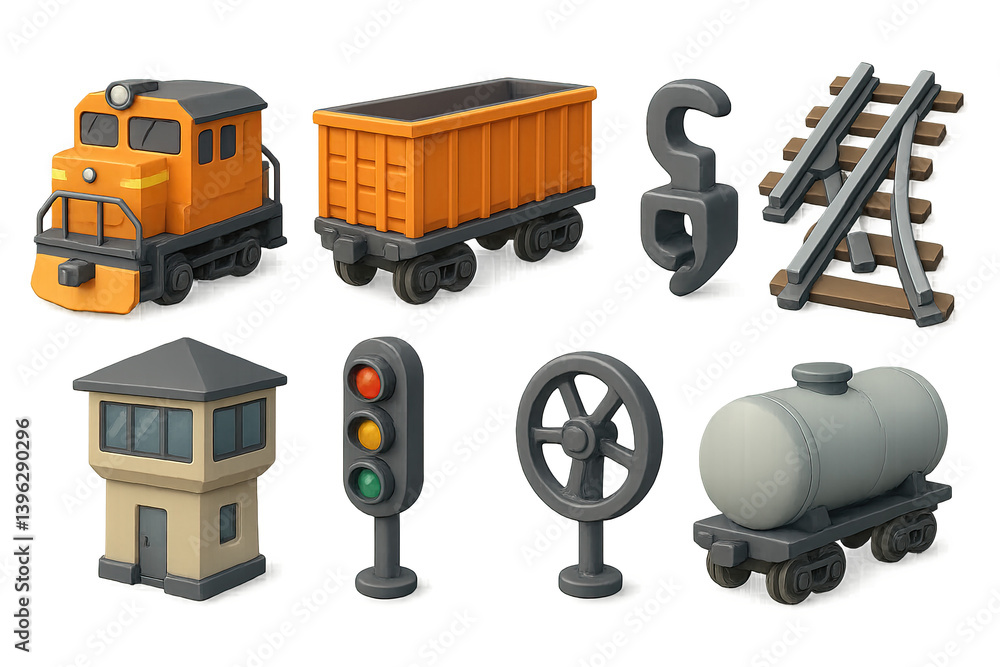 3D vector icons of rail yard equipment: locomotive, freight car ...