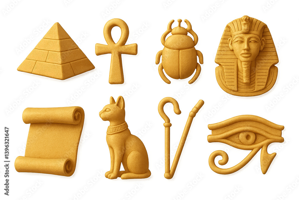 3D vector icons of ancient Egyptian artifacts: sarcophagus, ankh ...