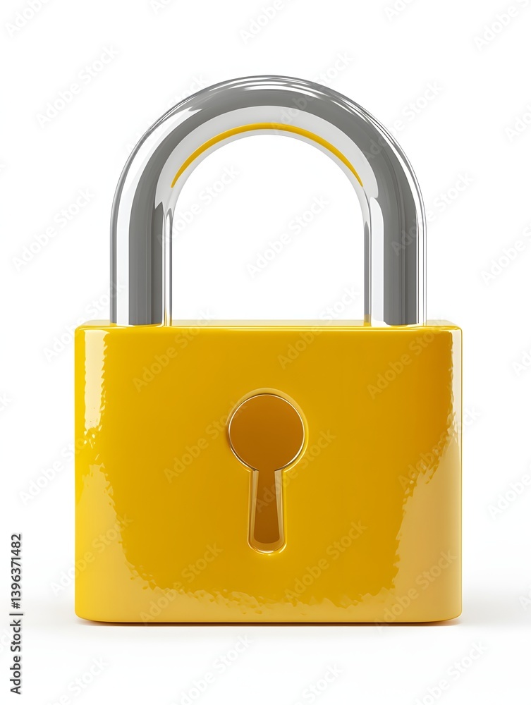 Yellow padlock with a shiny chrome shackle and a keyhole, standing on a ...