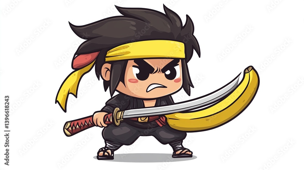 Angry chibi samurai wielding banana katana. の Stock イラスト | Adobe Stock