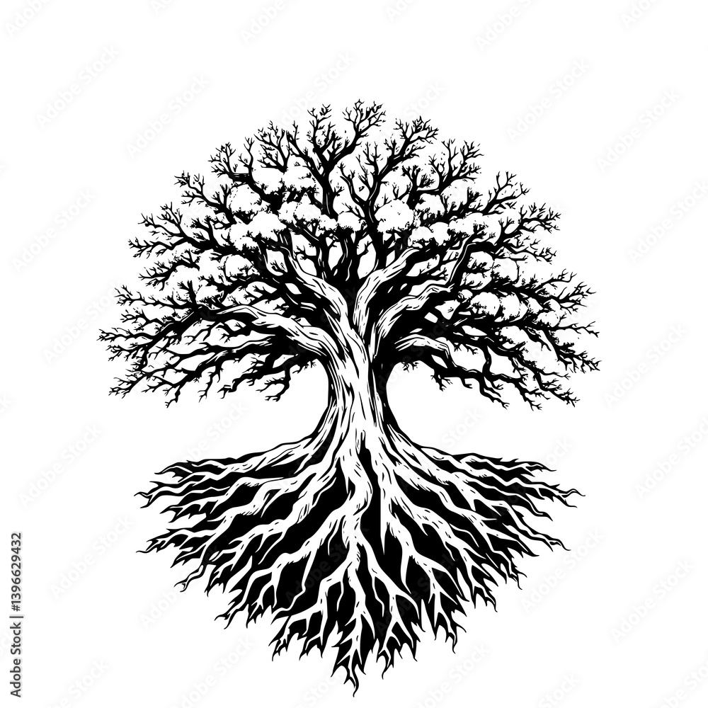 Ancient Oak Tree: A detailed illustration of a majestic oak tree, showcasing its complex network ...