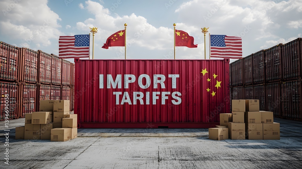 Red shipping containers with IMPORT TARIFFS text, USA and China flags ...