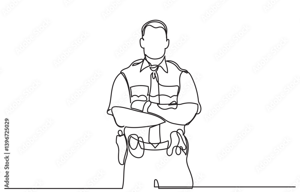 Continuous line drawing shows a policeman with arms crossed wearing a ...