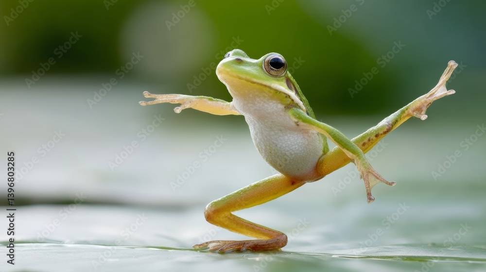 Frog is doing a dance on a leaf. The frog is green and white. The frog ...