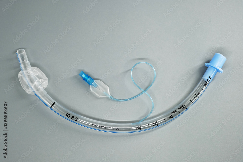 Single-Use Endotracheal Tube with Cuff. A clear, flexible medical ...