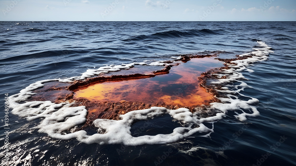 petroleum spill on ocean surface, oil sludge contaminating the sea ...