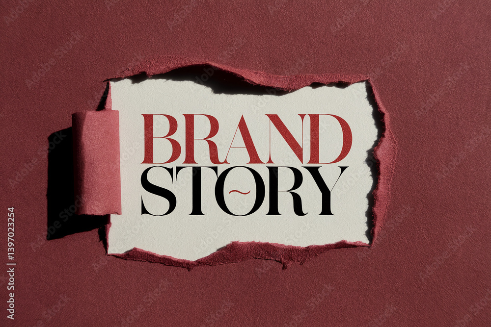 Torn maroon paper reveals off-white insert with "Brand Story" in red ...