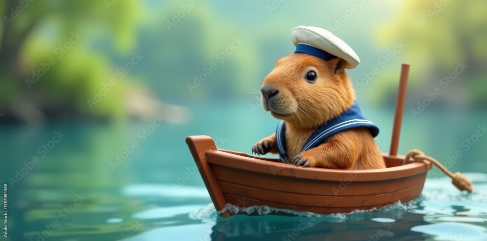 Adorable capybara with sailor hat sailing in toy boat on water, boat ...