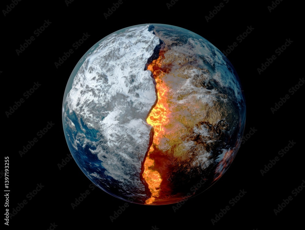 This artistic representation depicts Earth divided in half, one side ...