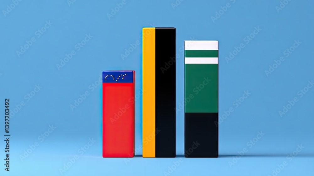 Bar graph with sudden drop labeled by various countries' flag colors ...