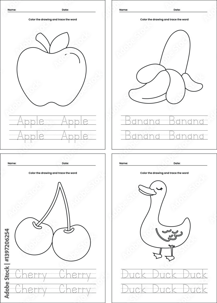 Printable worksheet for kids to color objects and trace their names ...
