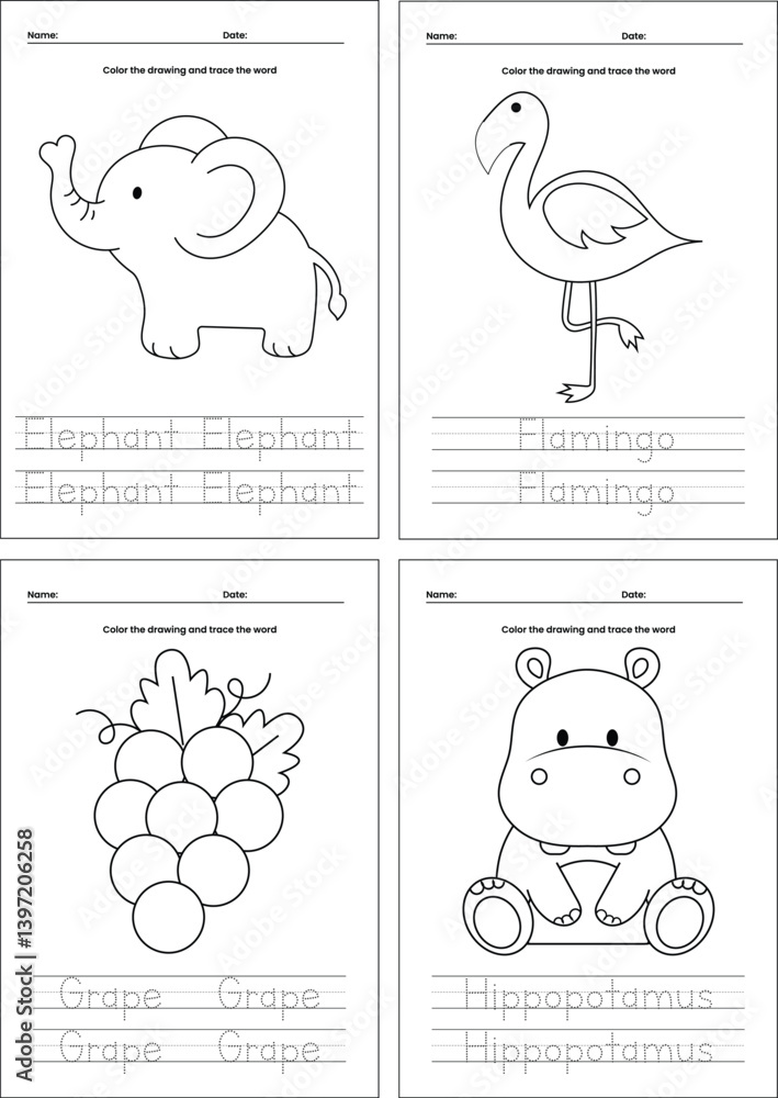 Printable worksheet for kids to color objects and trace their names ...