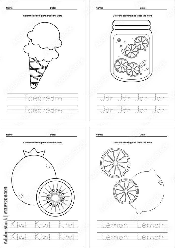 Printable worksheet for kids to color objects and trace their names ...