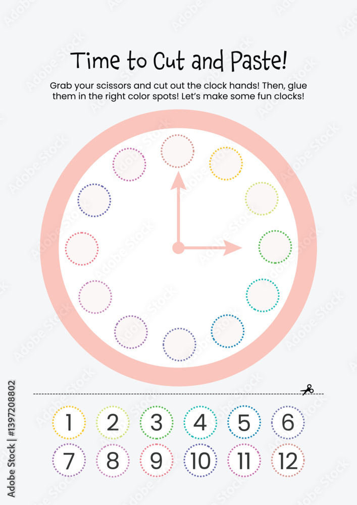 Printable worksheet for kids to practice cutting and pasting clocks to ...