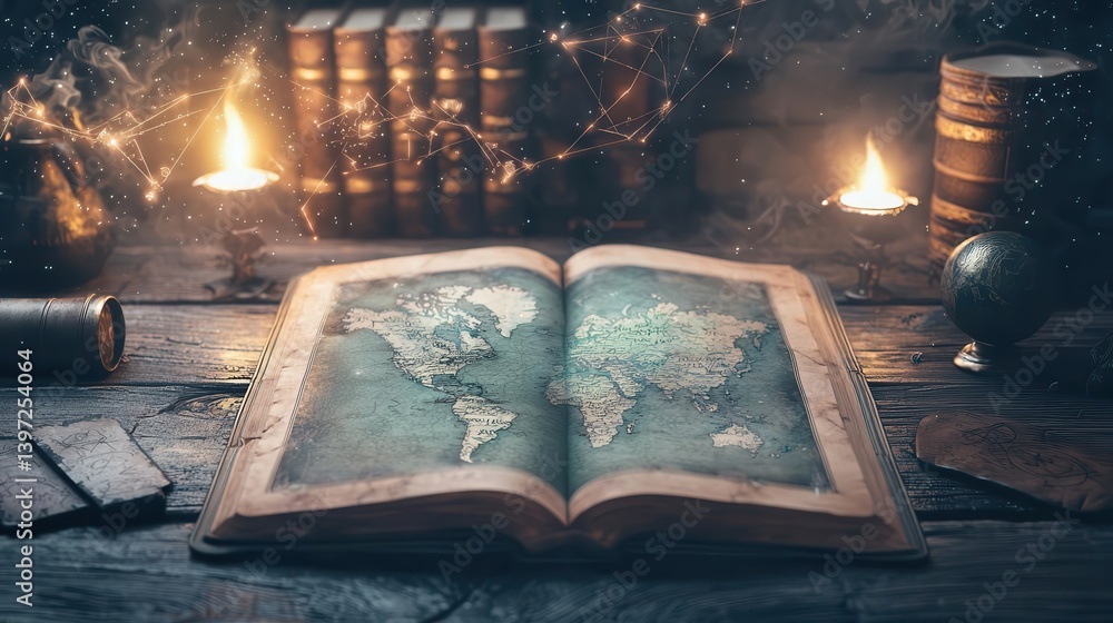 Grand wizard s desk covered in glowing magical sigils, ancient maps ...