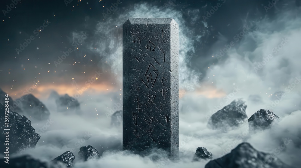 Floating black obelisk covered in forbidden sigils, crackling with ...