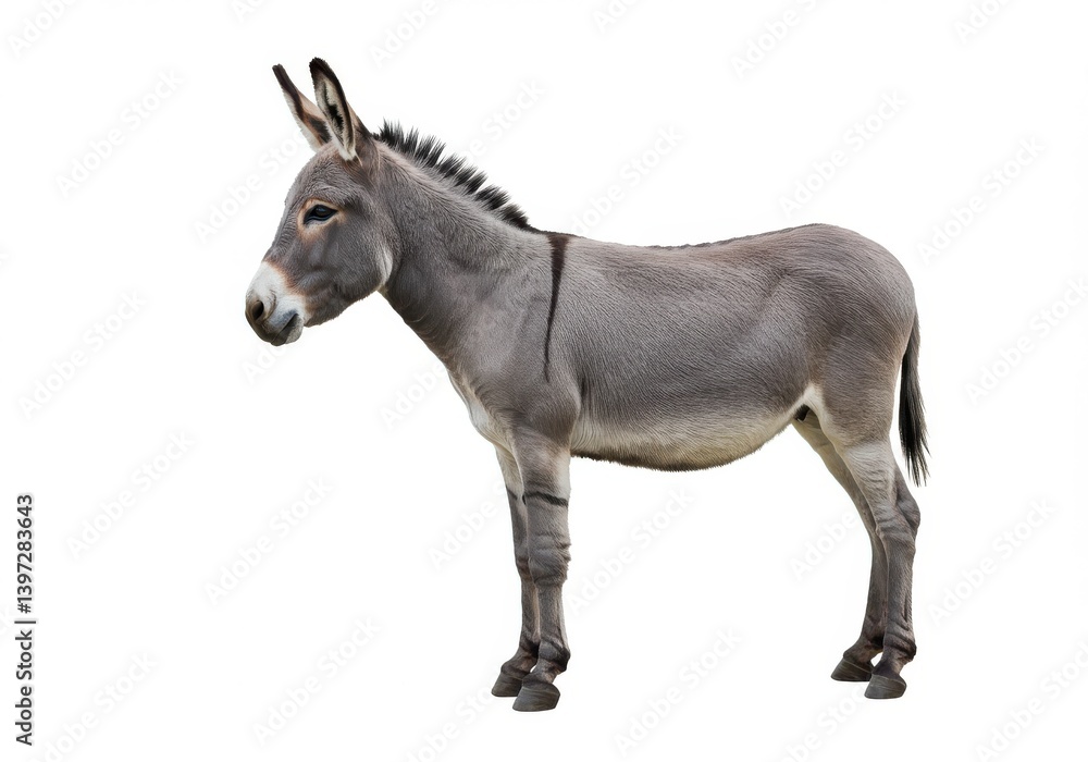 Side view of a standing donkey with gray fur on a plain white ...