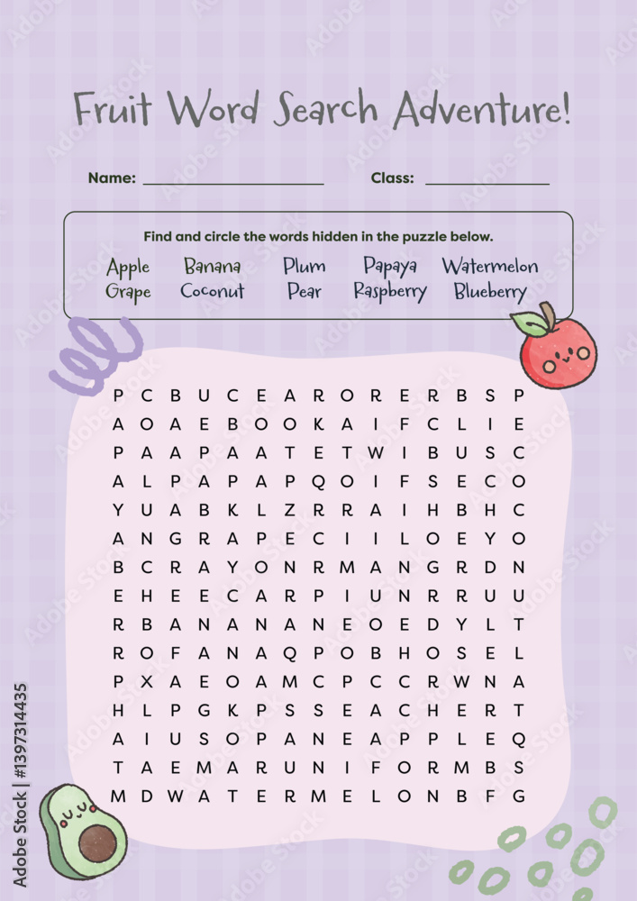 Printable word search worksheet for kids featuring fruit names. Fun ...
