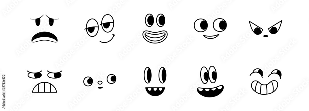 Vector cartoon faces, abstract design mascots - y2k stickers and badges ...