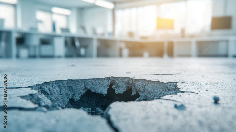 cracked floor in modern office setting shows impact of earthquake ...