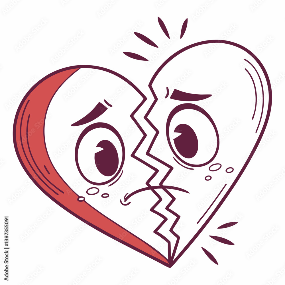 Sad Cartoon Broken Heart Crying Face - Hand-Drawn Heartbreak Vector ...