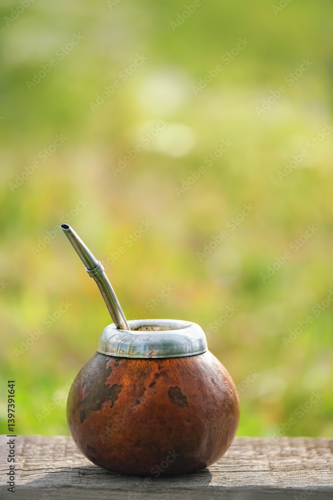 Mate tea in gourd calabash with bombilla close up on wooden table ...