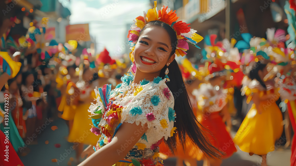 Sinulog Festival, a colorful parade with participants dressed in bright ...