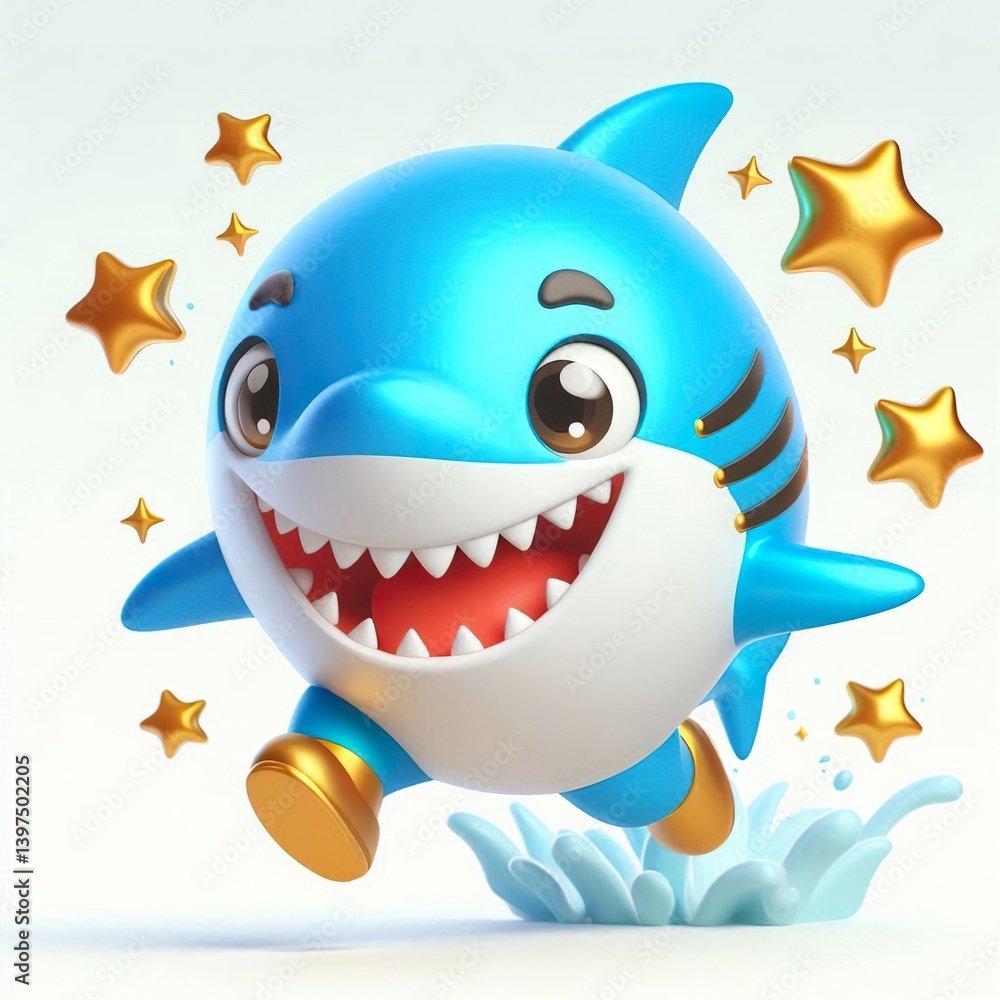 Animated character 3D image of happy blue gold Shark jumping, cute ...