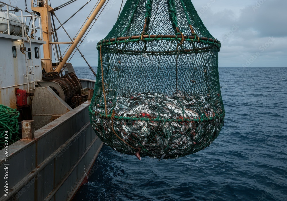 Commercial fishing boat catching sea fish with a fishing net. Fishing ...