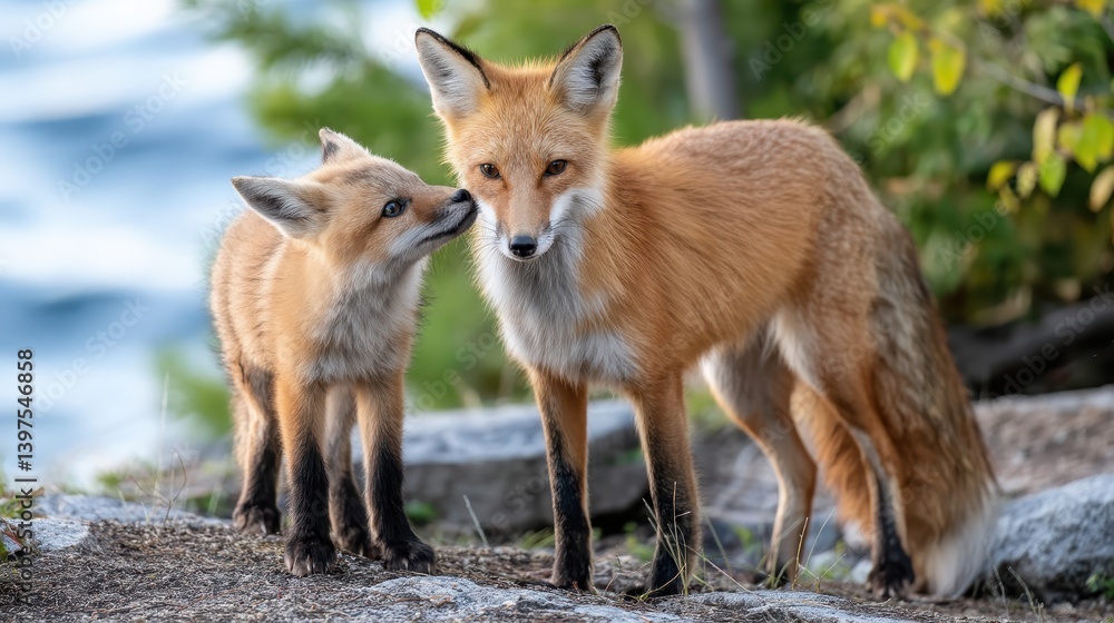 Red fox kit nuzzles mother during a serene sunset moment by the water ...