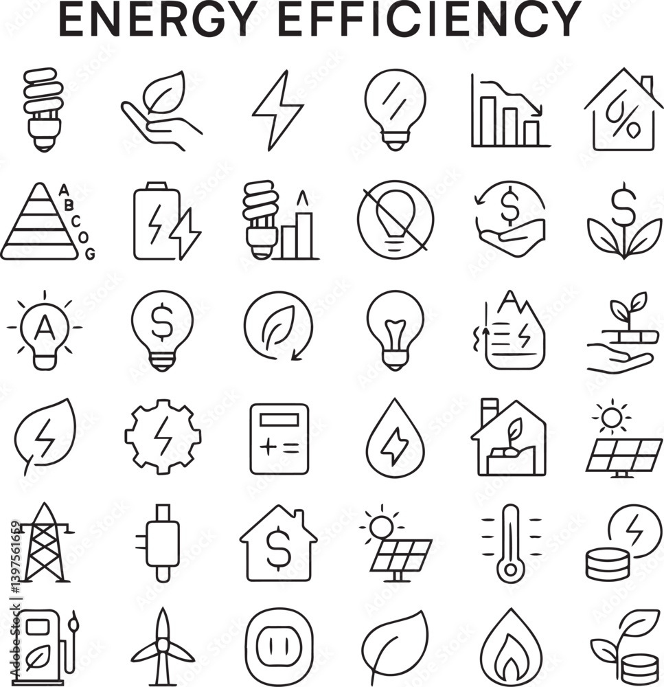 Energy efficiency line editable icon set. Containing energy saving ...