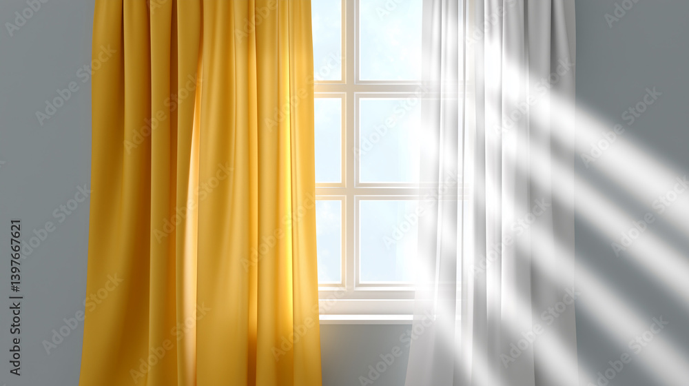 Tightly sealed window with sunlight piercing through yellow curtains ...