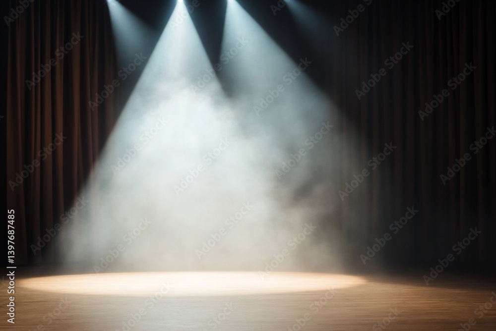 spotlight shining on an empty stage with deep curtains and haze in the ...