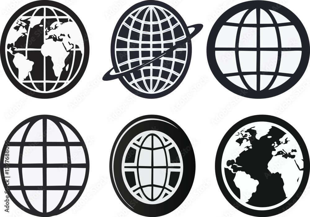 Collection of black and white globe icons showing world map and grid ...