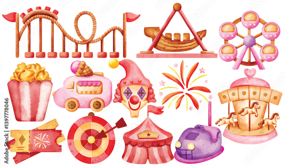 Watercolor Amusement Park Clip Art Set Hand Painted Roller Coaster ...