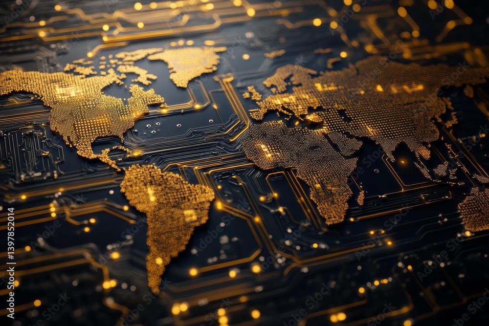 Abstract world map on circuit board with bokeh effect global connectivity and digital technology ...
