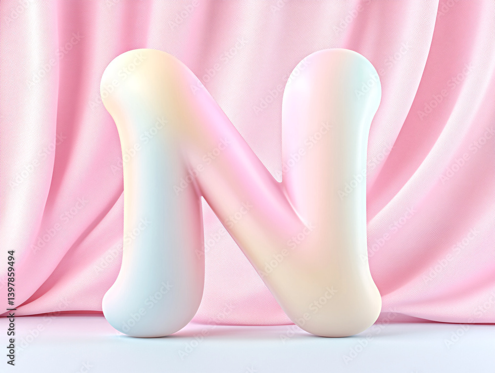 The image shows a large, glossy letter "N" in a pastel color scheme ...