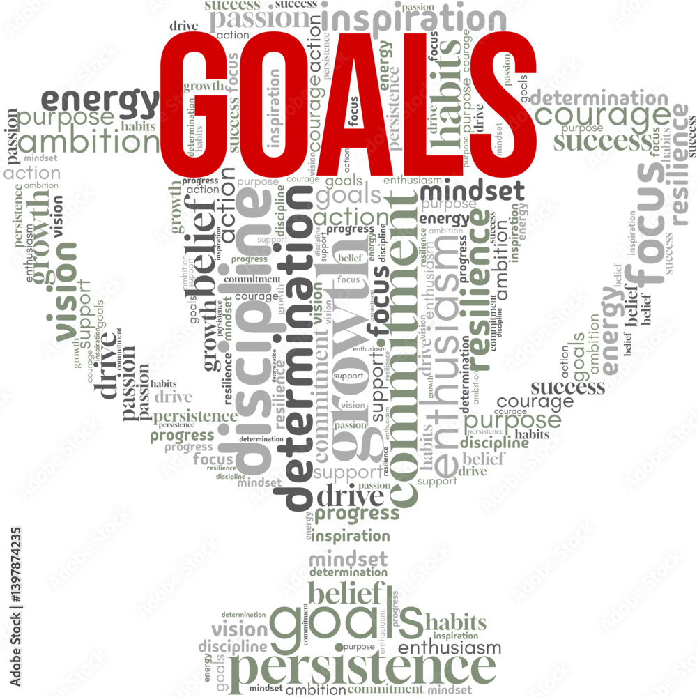 A focused and inspiring word cloud centered on "goals," highlighting ...