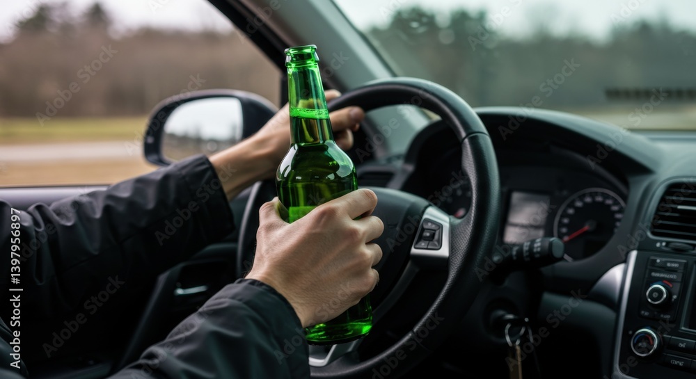 Man behind the wheel of a car holding a beer bottle. Dangerous and ...