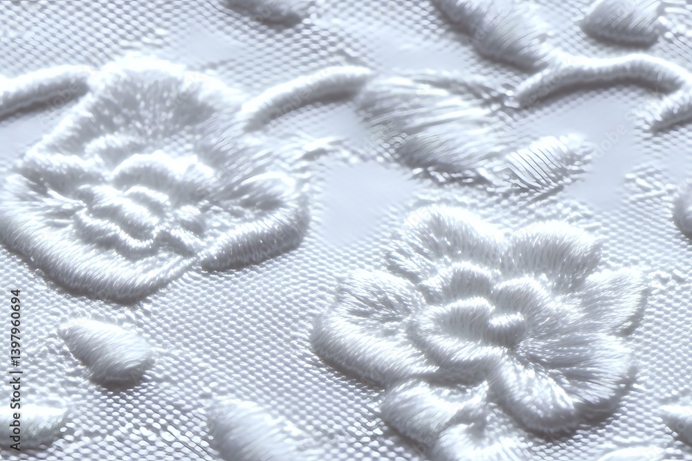 Delicate white embossed floral pattern on textured fabric surface ...