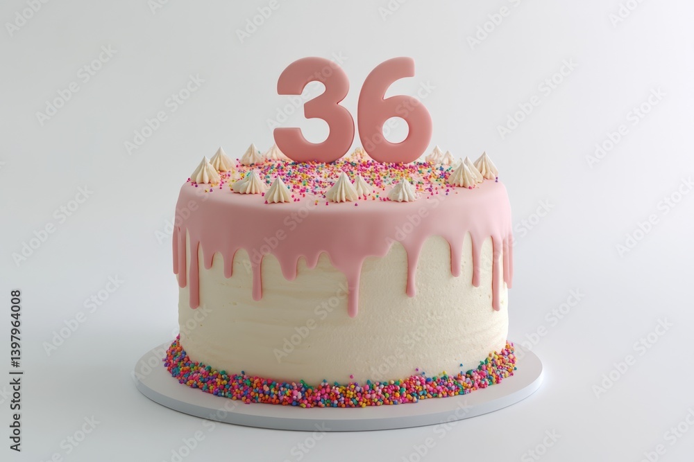 36 birthday cake with pink icing, sprinkles, white background for ...