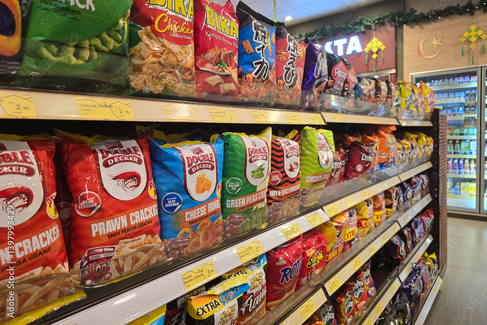 Penang, Malaysia - Mar 26, 2025: A colorful selection of snacks ...