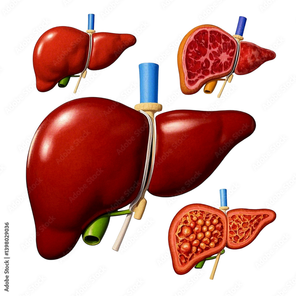 Liver damage stages including fatty liver, fibrosis, cirrhosis, and ...