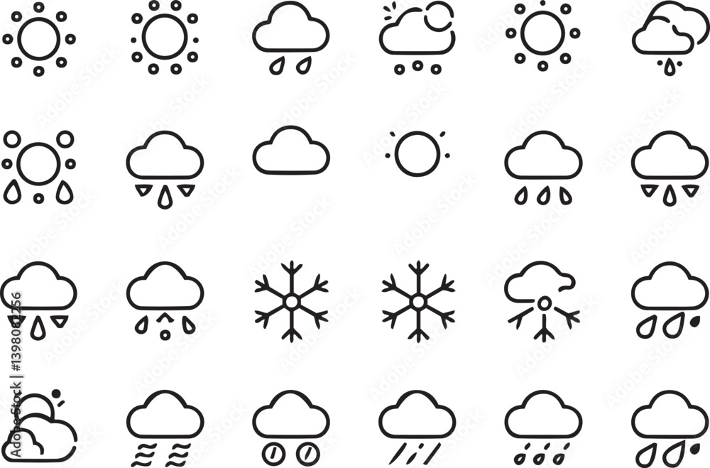 Weather icons, simple line drawings, meteorological symbols, black and ...