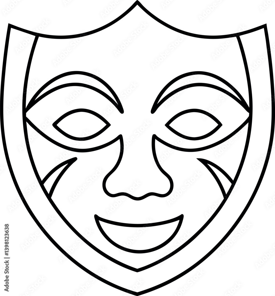Stylized Black Outline of Traditional Mask, Bold Lines on White, Shield ...