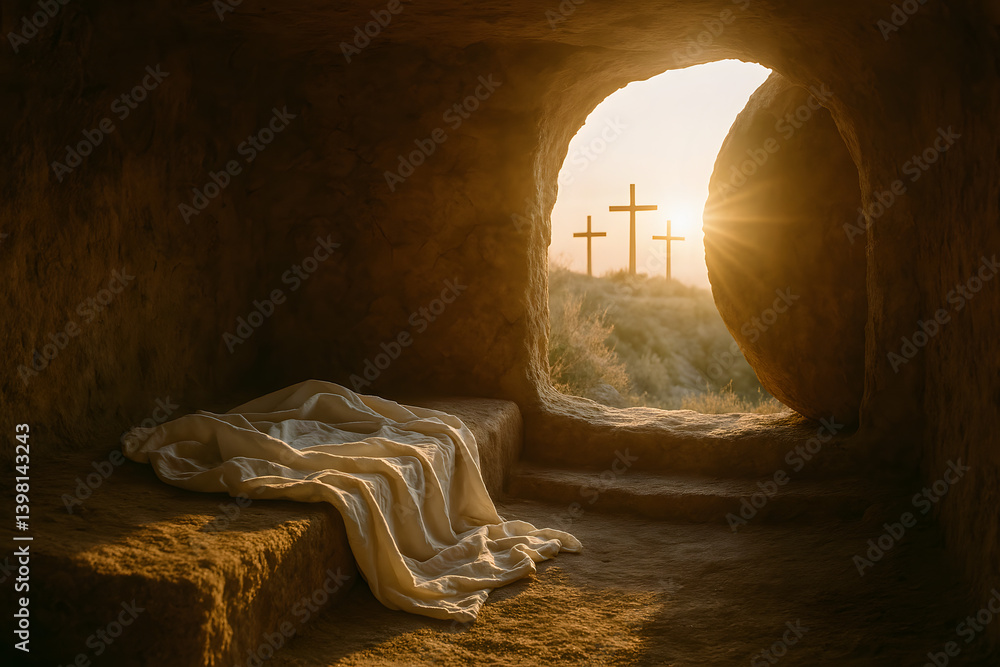 Empty Tomb with Crosses at Sunrise Stock Photo | Adobe Stock