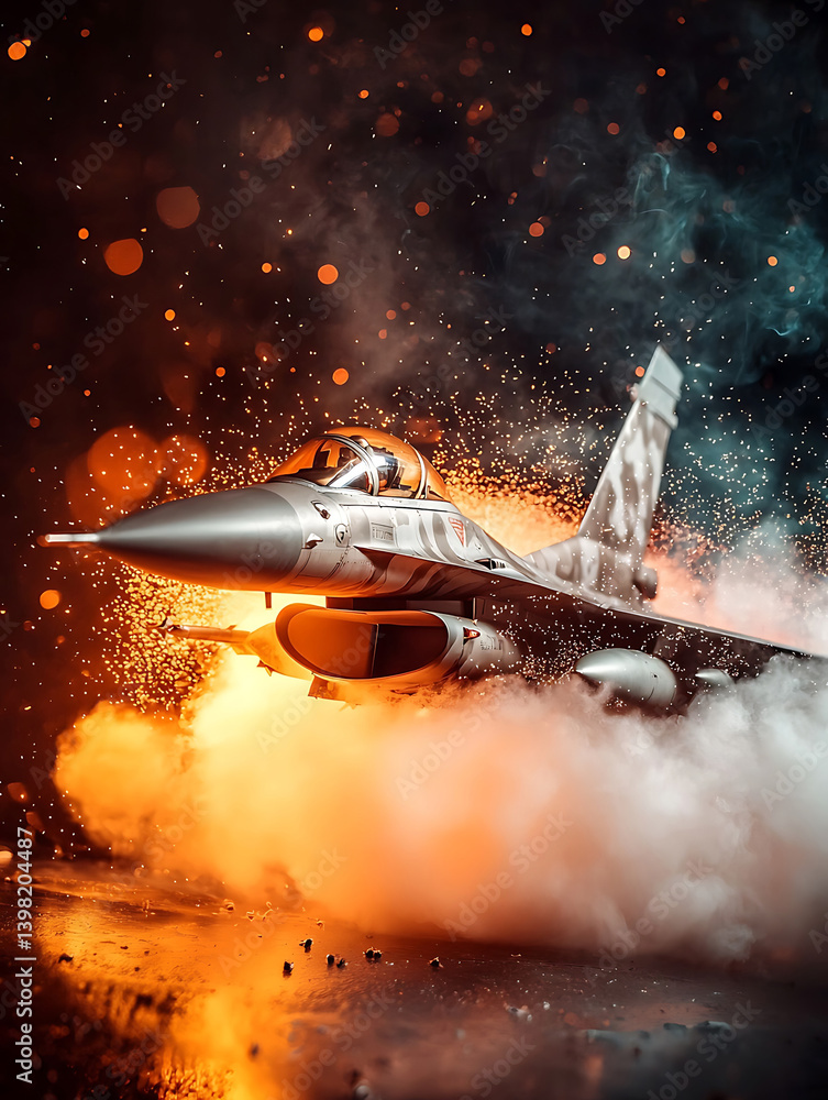 Military jet aircraft emerges amidst smoke and sparks conveying power ...