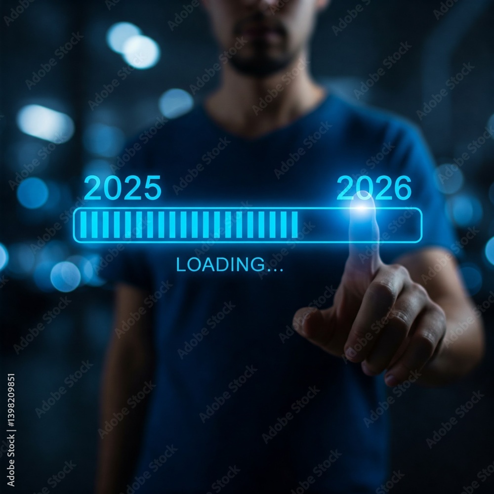 Progress and transition from 2025 to 2026 concept. A man pointing to ...