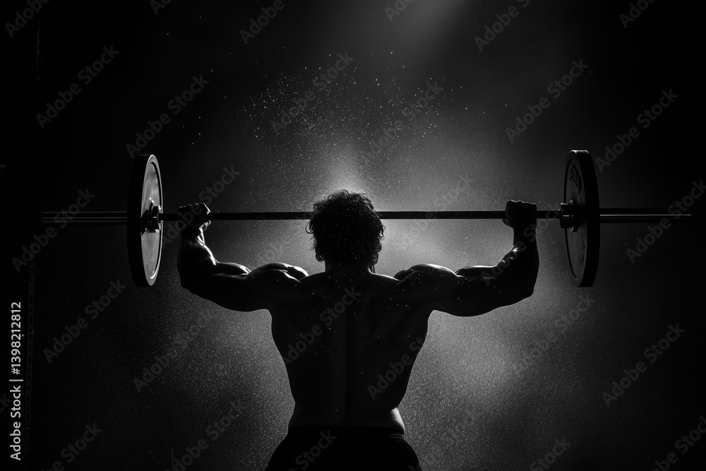 Back view silhouette of man lifting heavy barbell overhead showcasing ...