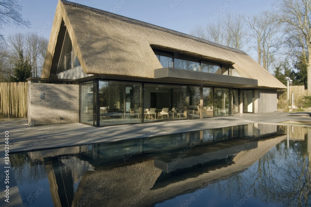 Modern architectural design showcases a thatched-roof house surrounded ...